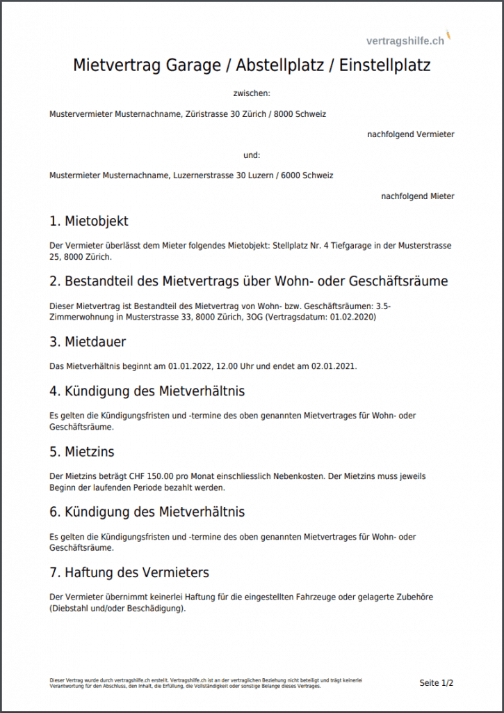 Mietvertrag Garage Vorlage Word