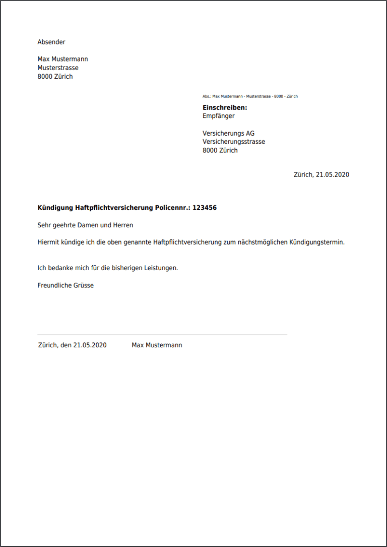 Vorlage Kndigung Haftpflichtversicherung Word